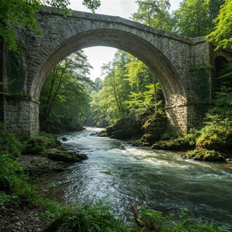 Stone Arch Bridge Over A Flowing River In Lush Green Landscape Stock