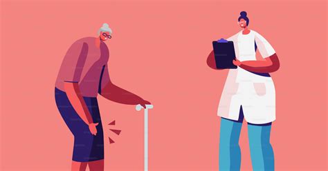 무릎 관절의 류마티스 관절염을 앓고 있는 노인 여성이 요양원이나 병원에서 지팡이를 짚고 움직인다 나이 든 숙녀는 노인들을 위한 도구를 사용합니다 선형 문자 벡터 그림