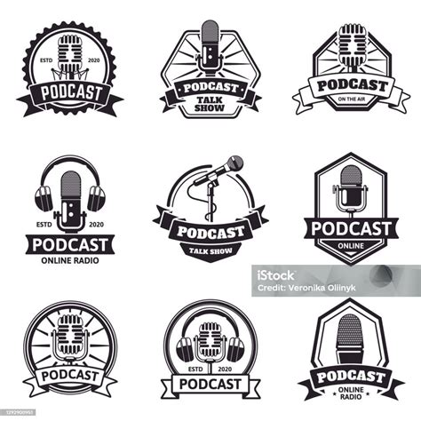팟 캐스트 엠블럼 라디오 방송국 오디오 팟 캐스트 및 음악 스튜디오 레이블 복고풍 마이크 팟 캐스트 공기 라디오 팟캐스트 벡터