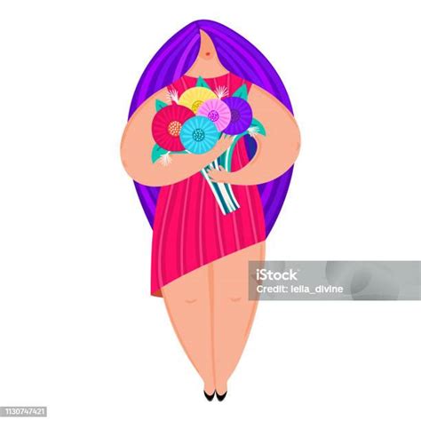 불균형 그림을 가진 소녀는 꽃의 꽃다발을 보유 하 고 있습니다 평면 디자인입니다 트렌디한 스타일 바디 플러스 드레스에 여자 3월에 대한 스톡 벡터 아트 및 기타 이미지