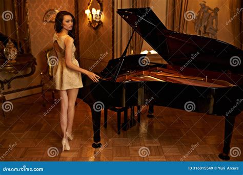 Ballroom Woman And Elegant Portrait With Piano Musician Back And