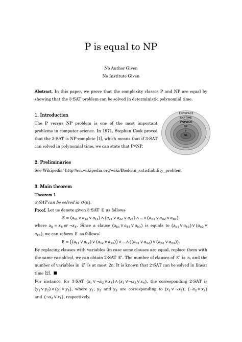 P Is Equal To NP No Author Given No Institute Given Abstract In This