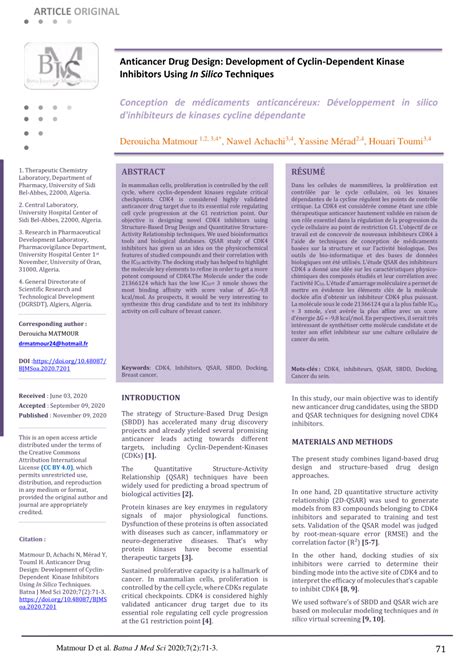 Pdf Anticancer Drug Design Development Of Cyclin Dependent Kinase Inhibitors Using In Silico