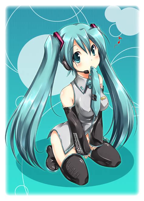 Safebooru Aqua Eyes Aqua Hair Black Legwear Blush Boots Bottomless Detached Sleeves Fijimoto