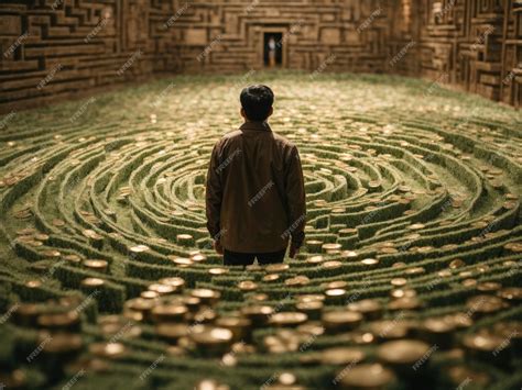 Premium Photo A Man Standing In A Maze Of Coins In A Room With A Wall