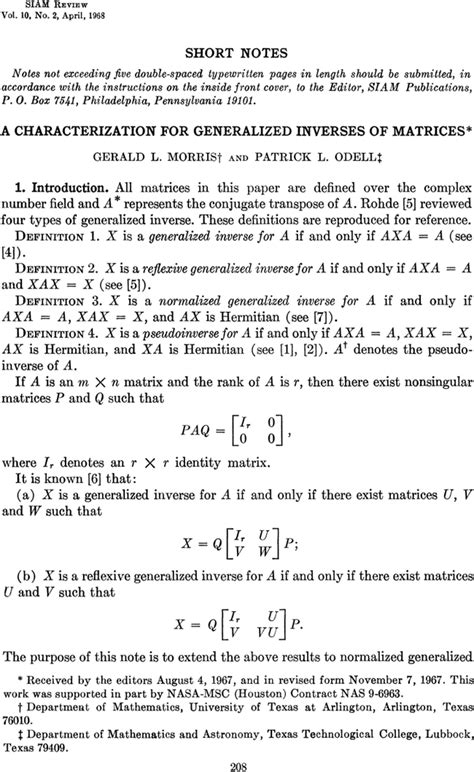 A Characterization For Generalized Inverses Of Matrices Siam Review