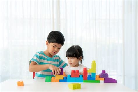 Asiático Lindo Hermano Y Hermana Juegan Con Un Diseñador De Bloques De