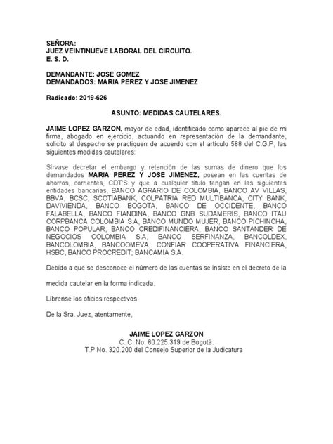 Solicitud De Medidas Cautelares Proceso Ejecutivo Ban