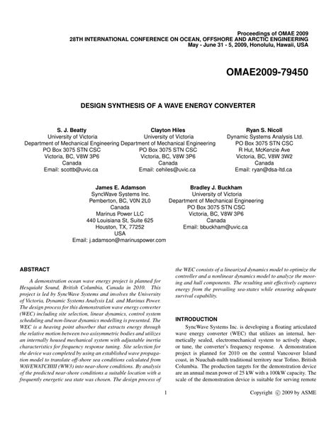 Pdf Design Synthesis Of A Wave Energy Converter