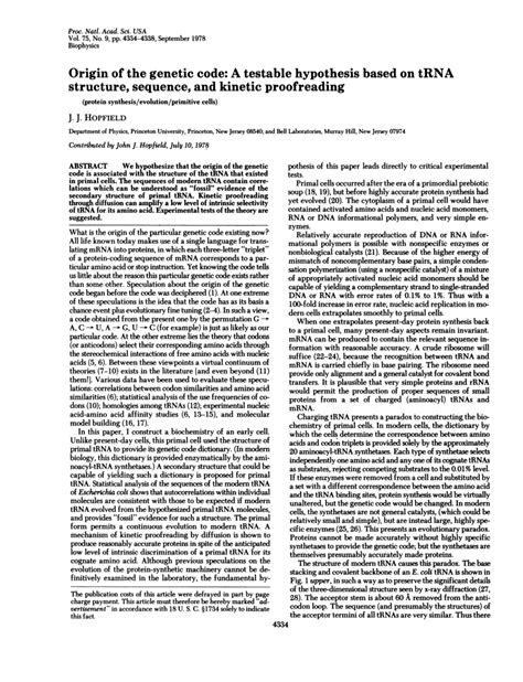 Pdf Origin Of The Genetic Code A Testable Hypothesis Based On Trna
