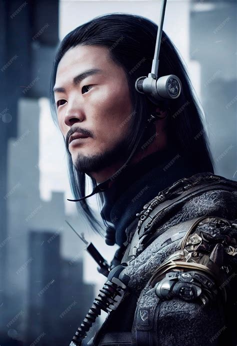 사이버 소송에서 공상 과학 사이버 펑크 전사의 현실적인 초상화 하이테크 미래 지향적인 남자 프리미엄 사진