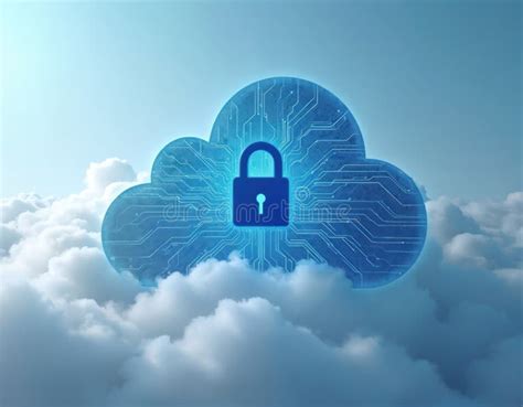 Digital Cloud Computing Security Concept Blue Cloud With Lock Icon Above White Fluffy Clouds
