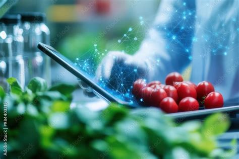 Artificial Intelligence Analyzing Nutritional Data On A Digital Tablet In A Food Lab Ai In