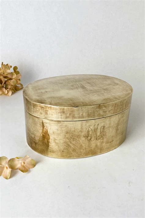 Large Vintage Oval Brass Box With Hinged Lid Engraved With Initials Dam