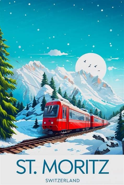 St Moritz ️switzerland Travel Posters Retro Travel Poster Vintage