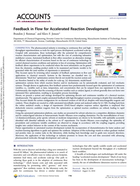 Reizman Jensen 2016 Feedback In Flow For Accelerated Reaction Development Pdf Chemical