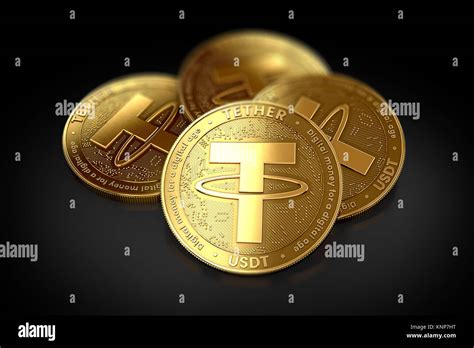 Stack Of Four Golden Tether Usdt Coins Laying On The Black Background