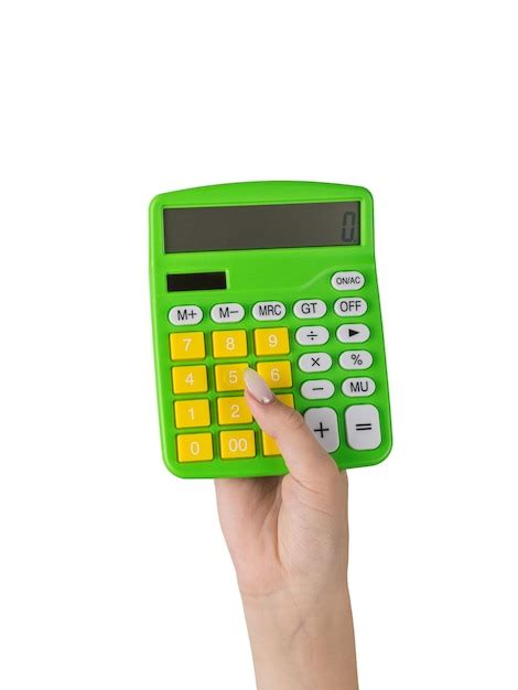 Premium Photo A Girls Hand With A Green Calculator Isolated On A