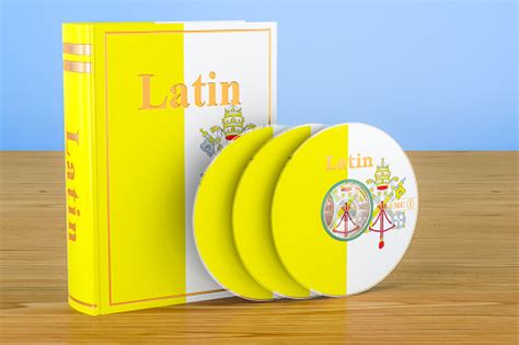 나무 테이블에 Cd 디스크와 라틴어 언어 교과서 3 차원 렌더링 3차원 형태에 대한 스톡 사진 및 기타 이미지 3차원 형태 개념 개념과 주제 Istock