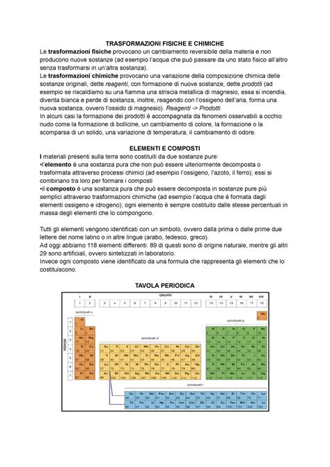 Capitolo 3 Riassunto Chimica TRASFORMAZIONI FISICHE E CHIMICHE Le