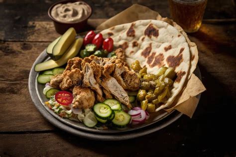 Fried Chicken Shawarma With Side Of Pickles Hummus And Pita Stock