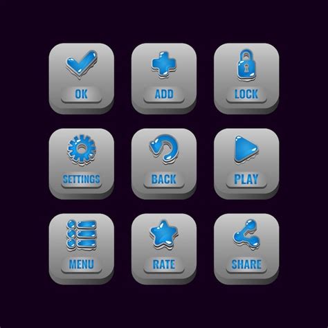 Collection Set Of Square Stone Buttons With Jelly Icons For Game Ui