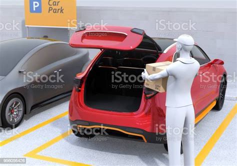 빨간 자동차 트렁크에 골 판지 상자를 들고 배달 직원 Brand Name Domestic Car에 대한 스톡 사진 및 기타 이미지 Brand Name Domestic