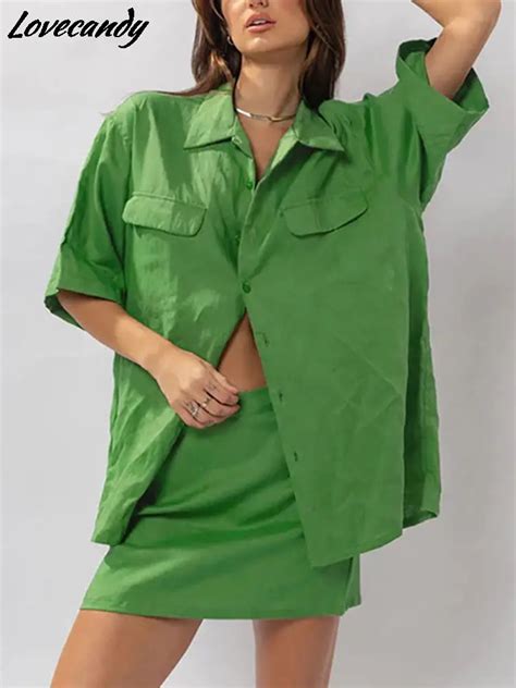 여성 코 튼 린 넨 스커트 세트 캐주얼 단색 반소매 셔츠와 치마 여성 의상 2022 여름 패션 여성의 2 피스 양복 Aliexpress