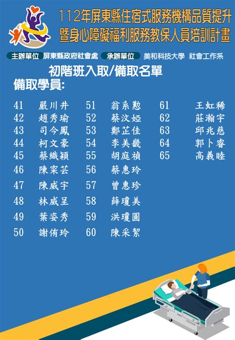 【培訓】112年屏東縣住宿式服務機構品質提升暨身心障礙福利服務教保人員培訓計畫 初階班正備取名單