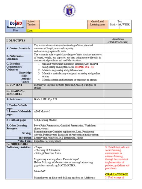 Lesson Plan Format 4as Quarter 4 Week 1 Telling Time Edited Pdf
