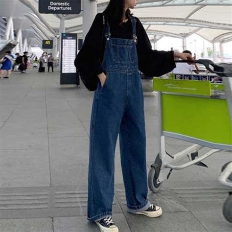 여자 귀여운 진청 멜빵 바지 패션 와이드 데님 팬츠 에이블리