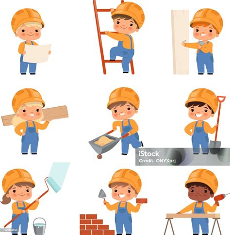 小建築商兒童與建築工具使工作建設者在黃色頭盔向量字元向量圖形及更多兒童圖片 兒童 建築業 建築工人 Istock