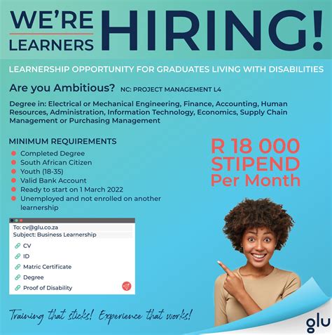 Glu 𝗡𝗖 𝗣𝗥𝗢𝗝𝗘𝗖𝗧 𝗠𝗔𝗡𝗔𝗚𝗘𝗠𝗘𝗡𝗧 𝗟𝟰 𝗟𝗘𝗔𝗥𝗡𝗘𝗥𝗦𝗛𝗜𝗣 R 18 000 Monthly Stipend 𝗠𝗶𝗻𝗶𝗺𝘂𝗺 𝗥𝗲𝗾𝘂𝗶𝗿𝗲𝗺𝗲𝗻𝘁𝘀