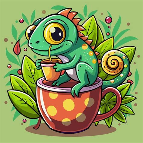 Premium Vector A Cartoon Drawing Of A Lizard Drinking From A Cup