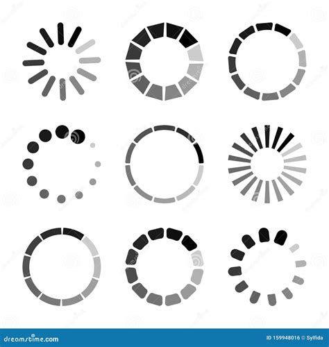 set of circular loading icons waiting signs progress bar for upload download round process