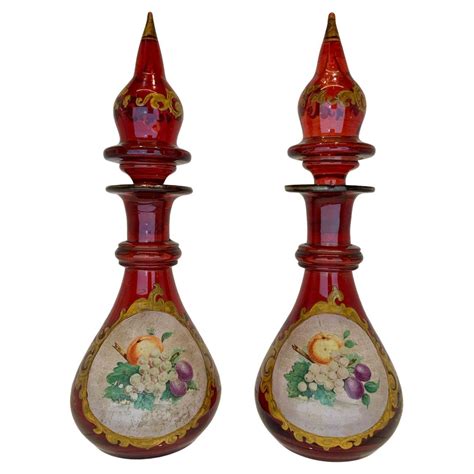 Antique Pair Of Bohemian Cranberry Glass Enamelled Perfume Bottles