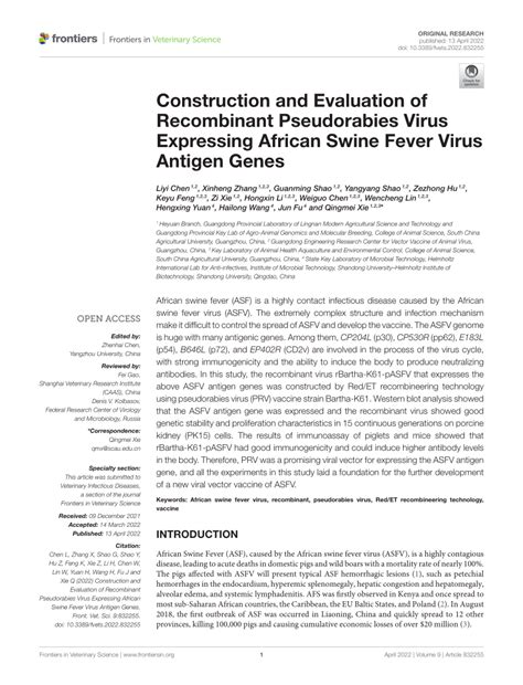 Pdf Construction And Evaluation Of Recombinant Pseudorabies Virus Expressing African Swine