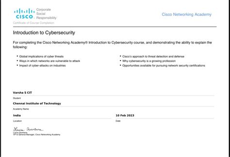 Completed Introduction To Cybersecurity Course By Cisco Varsha Senthil Kumar