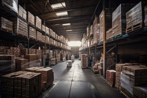 Warehouse With View Of Goods Being Sorted And Packaged For Shipment