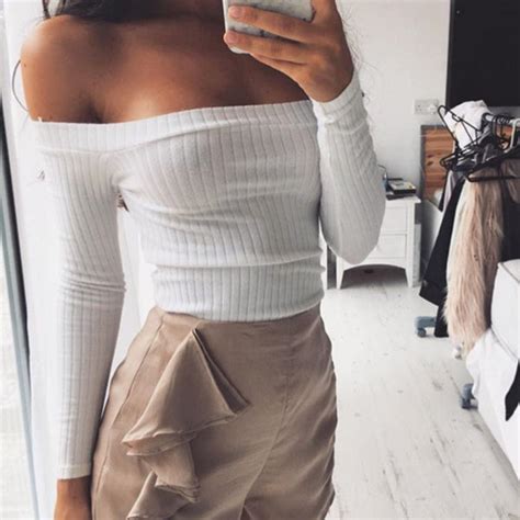 Off Shoulder Long Sleeve Ribbed Knit Slim Blouse Meetyoursfashion