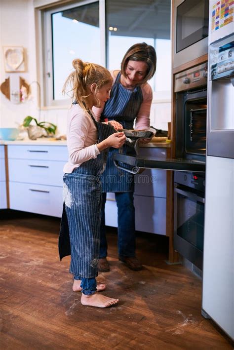 Mother Girl And Baking In Kitchen With Oven For Handmade Pie And