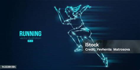 파란색 배경에 달리기 선수의 추상적인 실루엣 주자 여성은 스프린트 또는 마라톤을 달리고 있습니다 벡터 일러스트 레이 션 3차원 형태에 대한 스톡 벡터 아트 및 기타 이미지