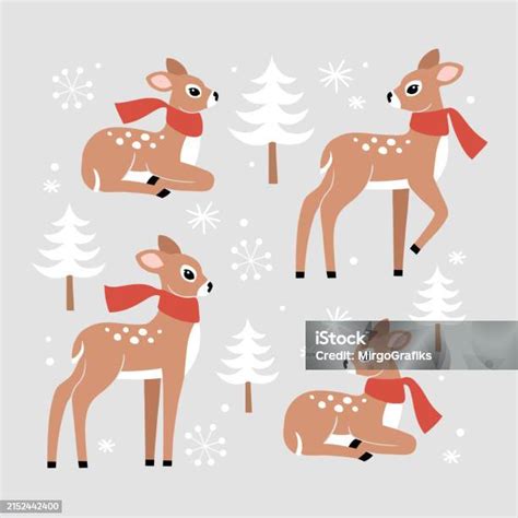 손으로 그린 벡터 겨울 새끼 사슴 캐릭터 겨울 소나무와 눈송이 카드 또는 보육 인쇄 디자인에 적합합니다 12월에 대한 스톡 벡터 아트 및 기타 이미지 Istock
