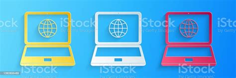 종이 는 파란색 배경에 고립 된 노트북 아이콘의 화면에 글로브를 잘라 글로브 사인이 있는 노트북 컴퓨터 종이 아트 스타일 벡터 0명에 대한 스톡 벡터 아트 및 기타 이미지