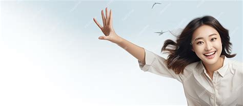 Premium Ai Image Smiling Asian Girl Floating In Mid Air Pointing To