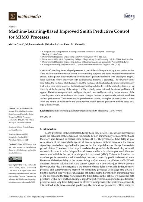 Pdf Machine Learning Based Improved Smith Predictive Control For Mimo Processes