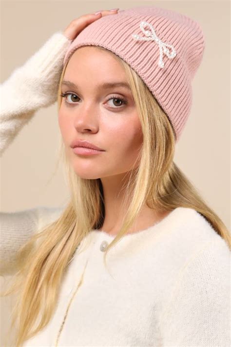 Light Pink Beanie Fitted Beanie Cuffed Beanie Bow Beanie Lulus