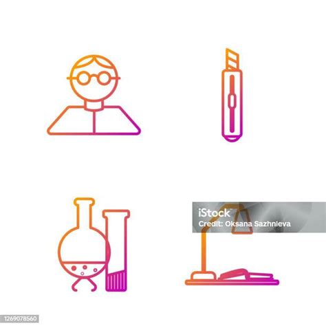 테이블 램프와 오픈 북 테스트 튜브 및 플라스크 화학 실험실 테스트 학생 및 문구 칼라인 작업장 설정 그라데이션 색상 아이콘입니다 벡터 건강 검진에 대한 스톡 벡터 아트 및