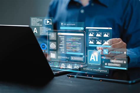 Ai는 개념을 생성합니다 인공 지능 콘텐츠 생성기 도구 Man은 Ai 비서가 있는 노트북을 사용하여 그래픽 디자인 언어 번역 챗봇 이미지 생성 코드 작성 및 광고를