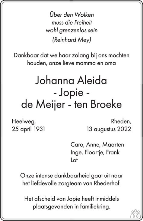 Johanna Aleida Jopie De Meijer Ten Broeke 13 08 2022